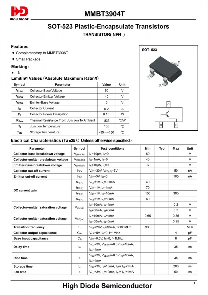MMBT3904T datasheet page 1