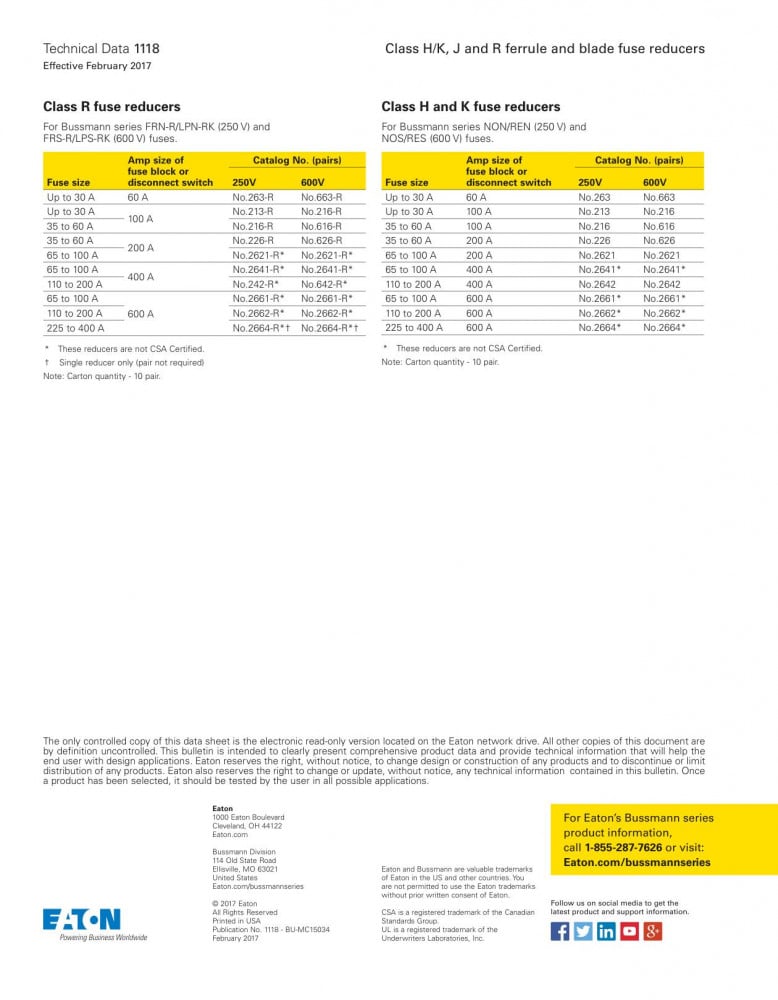 EATON Bussmann fuse reducer datasheet page 2