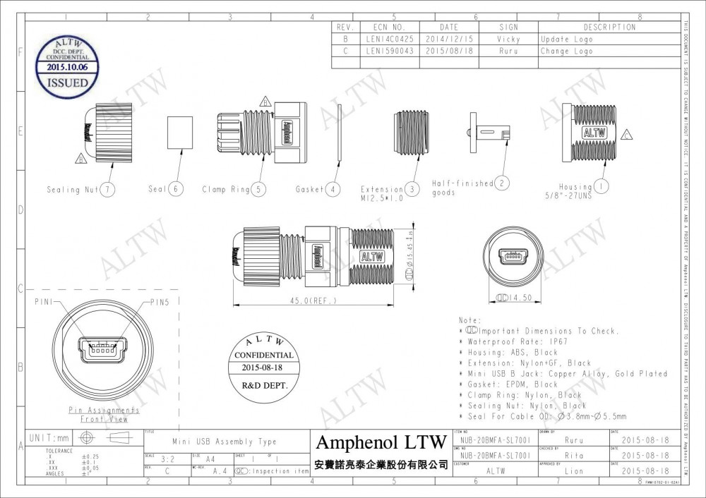 Amphenol LTW NUB-20BMFA-SL7001 technical drawing