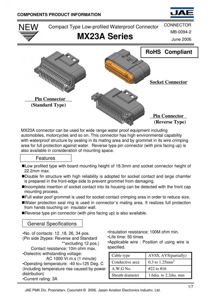 JAE MX23A technical document page 1