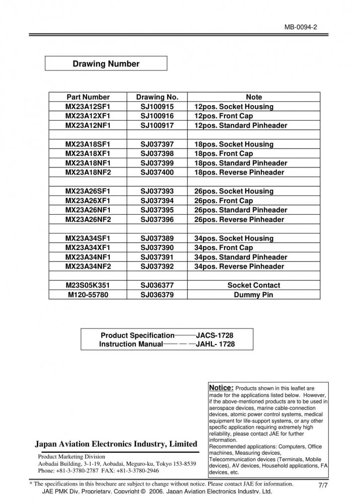 JAE MX23A technical document page 7