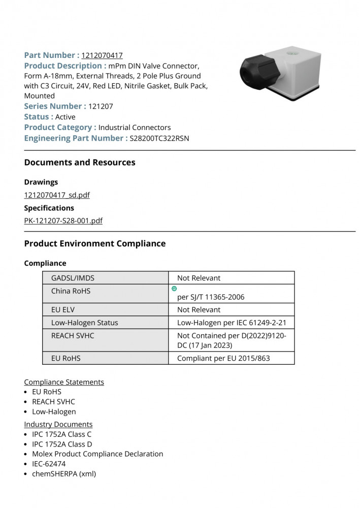 Molex S28 DIN valve connector packaging specification, page image 1