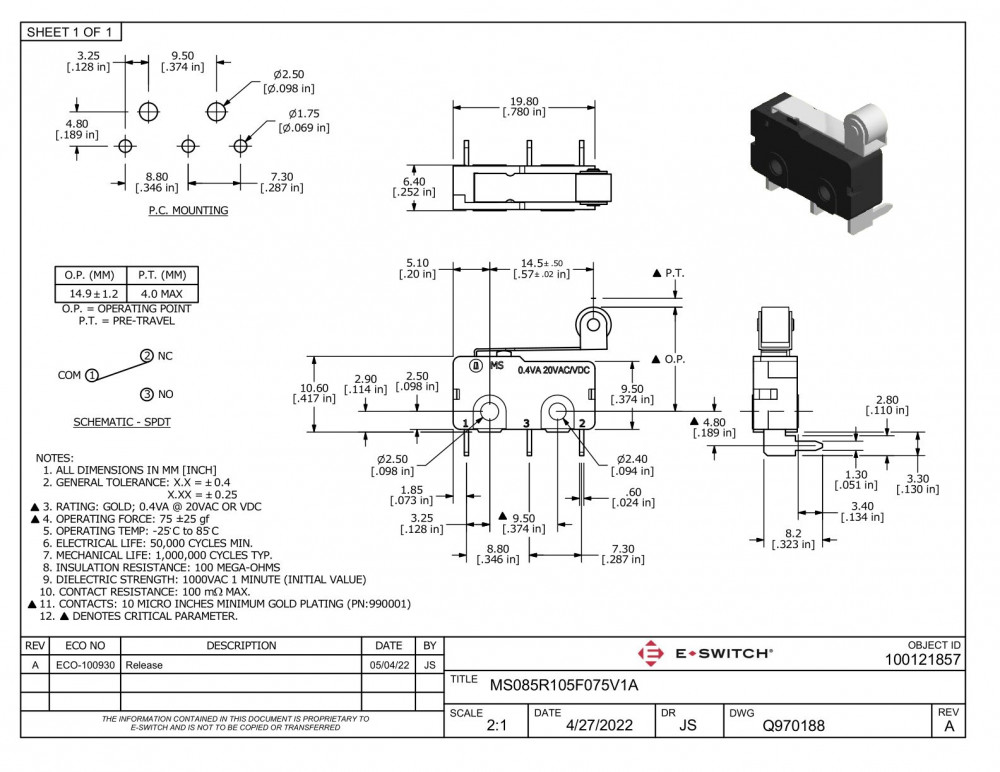 E-Switch MS085R105F075V1A technical drawing and specifications