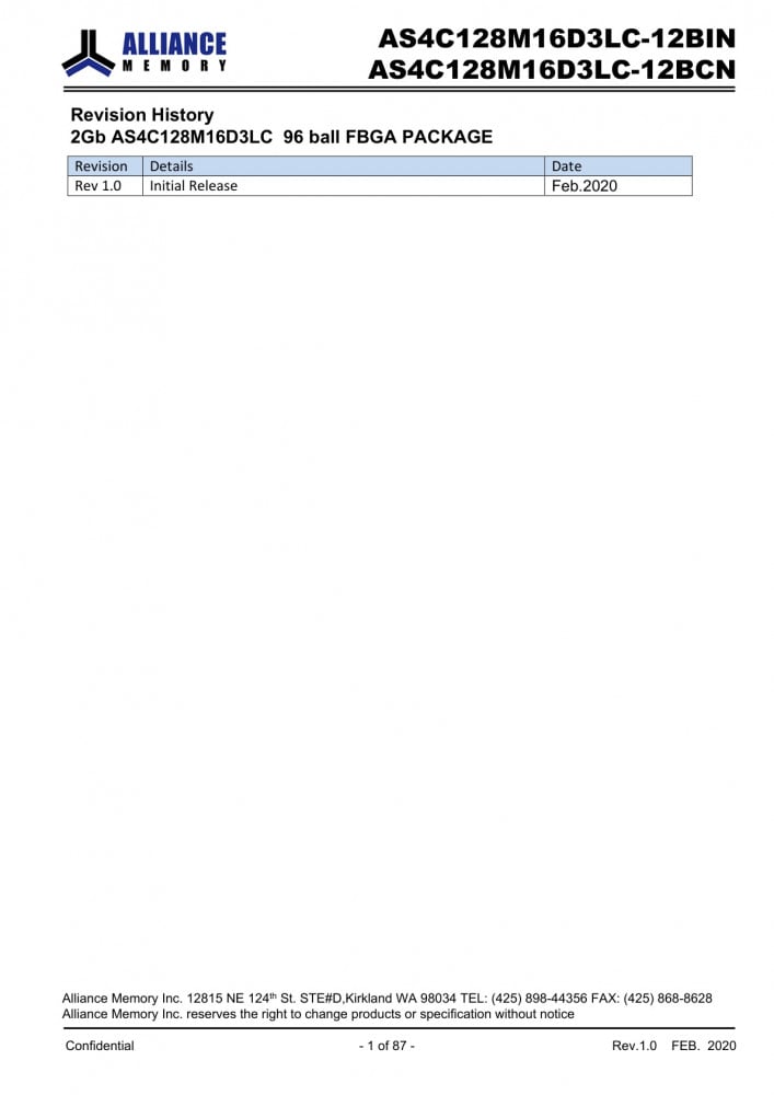 AS4C128M16D3LC-12BIN datasheet page 1