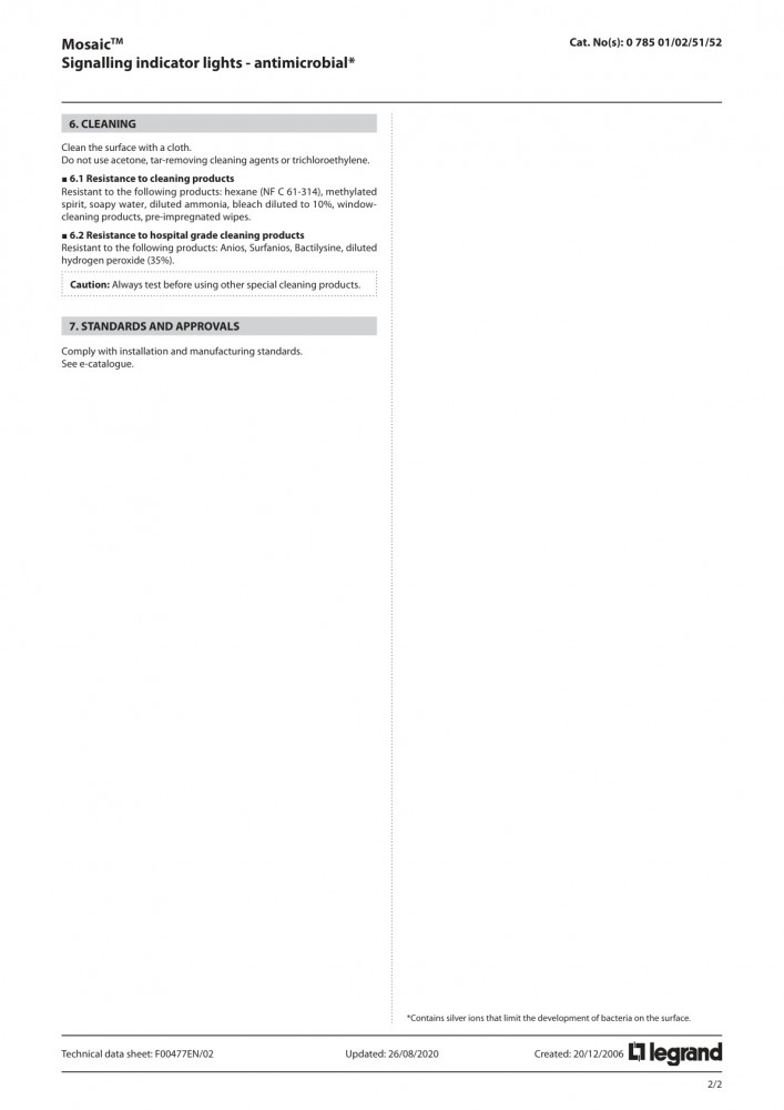 Legrand Mosaic technical document page 2