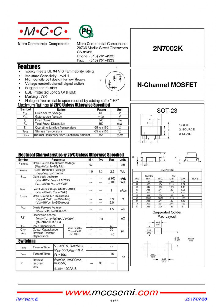 MCC 2N7002K-TP datasheet page 1