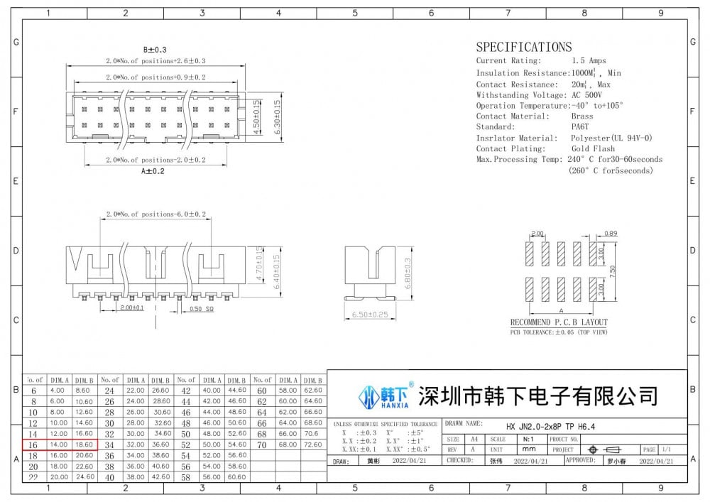 HX JN2.0-2x8P TP H6.4 technical drawing