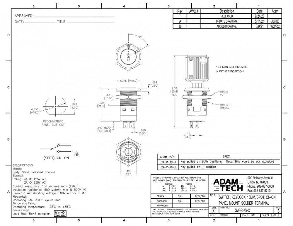 ADAM TECH SW-R-K9 series keylock switch technical drawing preview