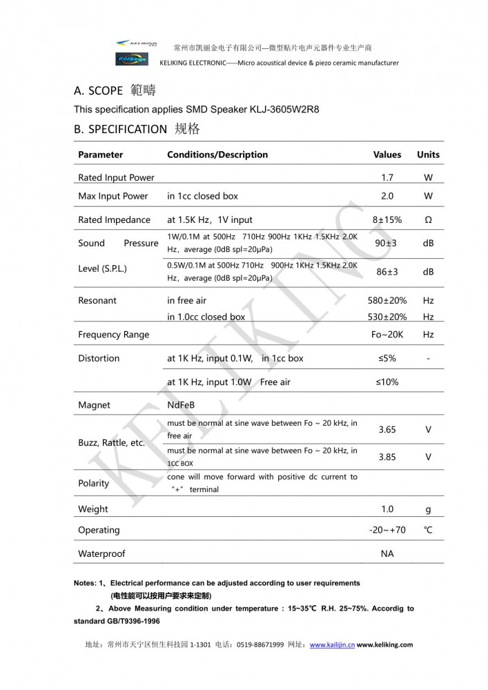 KLJ-3605W2R8 specifications and outline