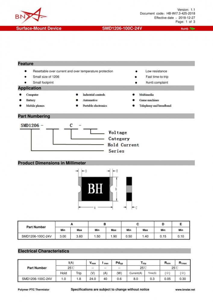 BNstar SMD1206-100C-24V datasheet page 1