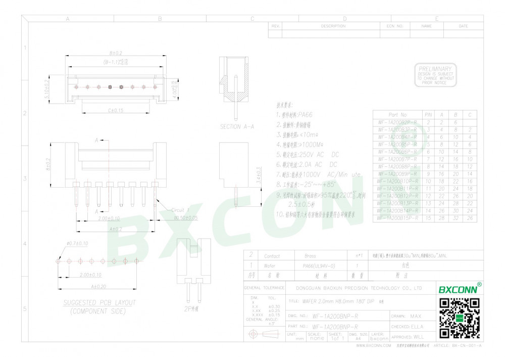 BXCONN WF-1A200BxP-R series product drawing