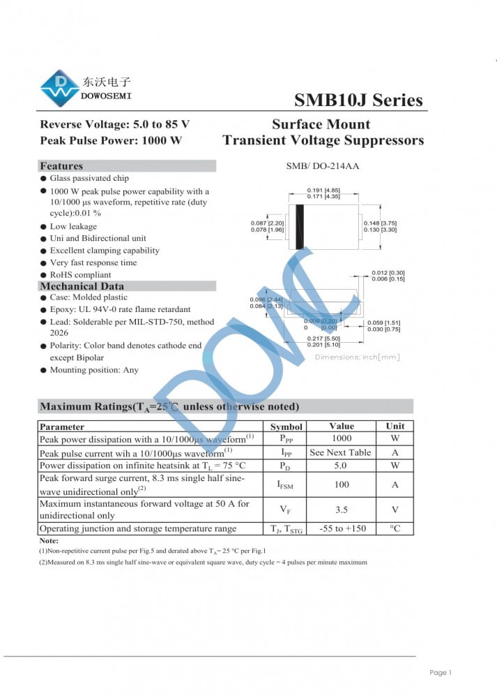 DOWO SMB10J24CA datasheet page 1