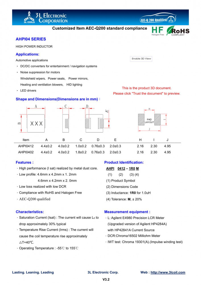 3L COILS AHPI04 series datasheet page 1