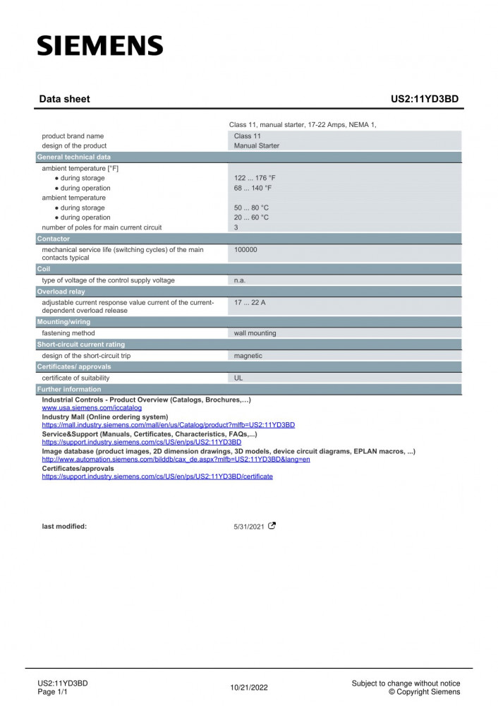 SIEMENS 11YD3BD technical document page