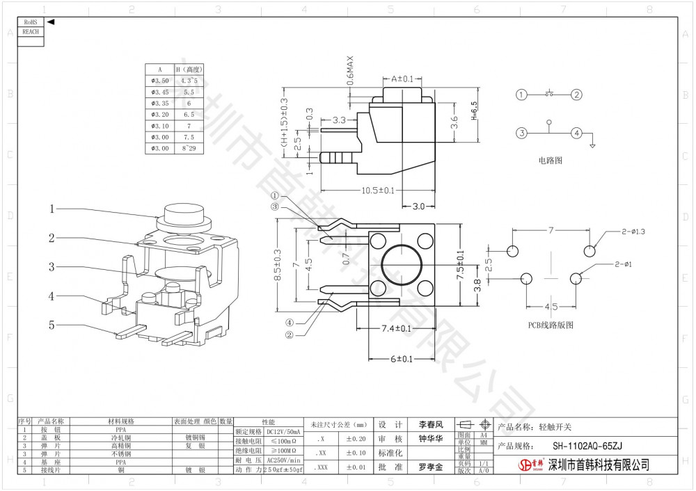 SH-1102AQ-65ZJ specification page 1