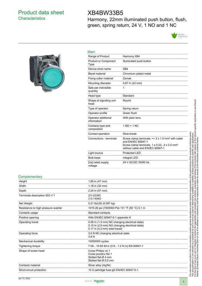 XB4BW33B5 technical document page 1
