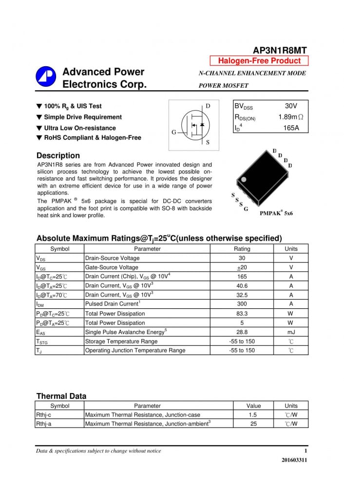 AP3N1R8MT datasheet page 1