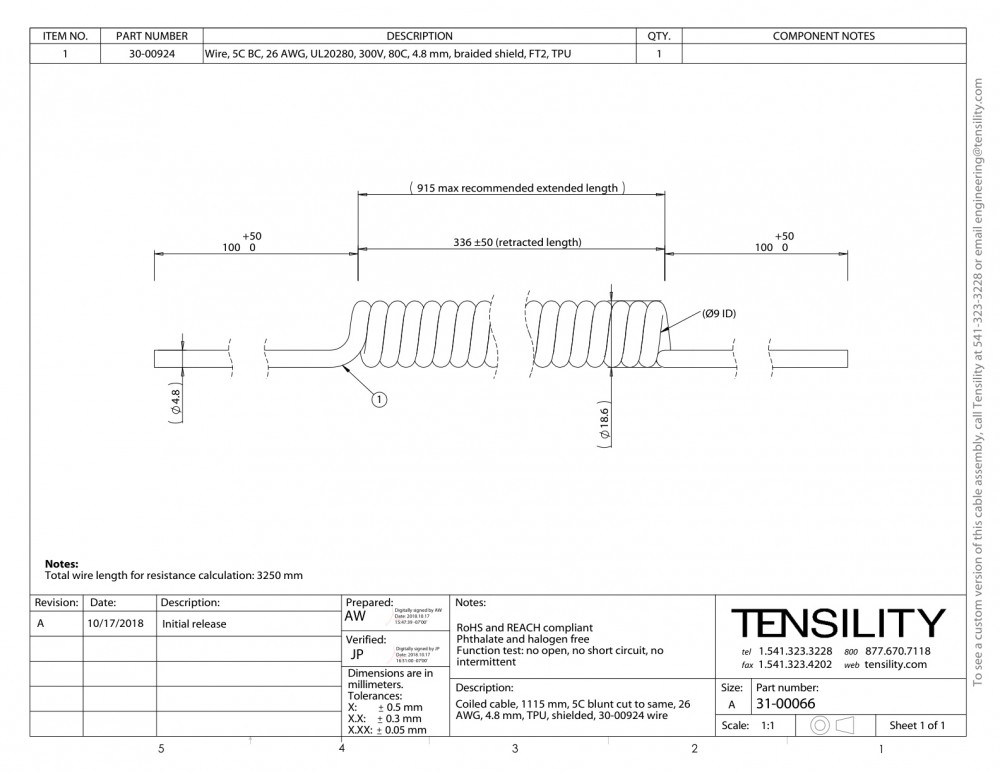Tensility International 31-00066 cable assembly drawing
