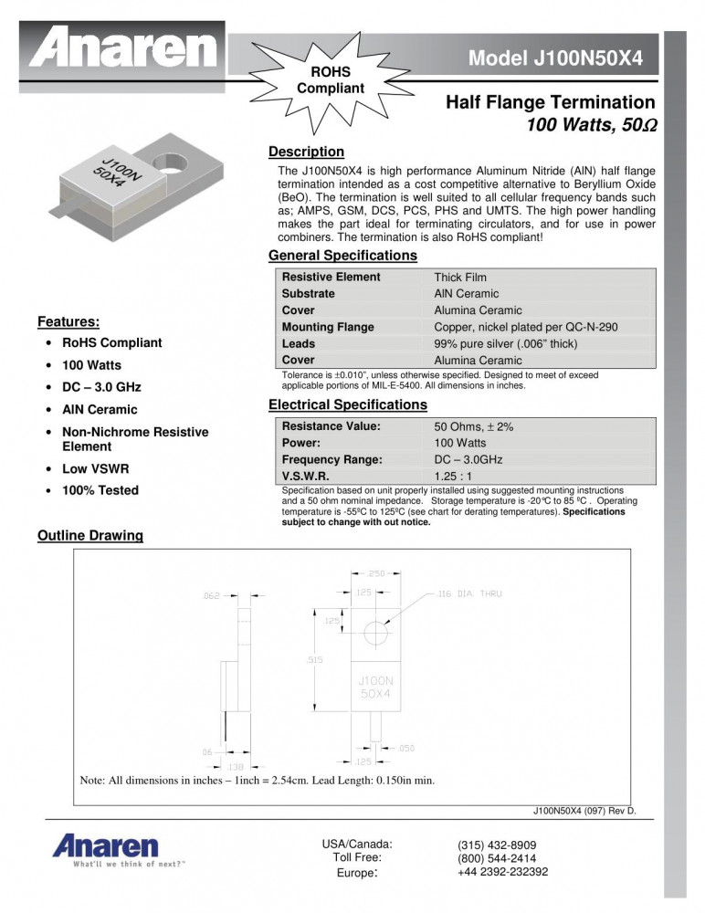 Anaren J100N50X4 datasheet page 1