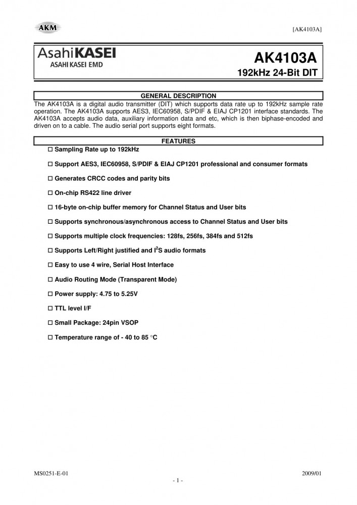 AK4103AVF datasheet page 1