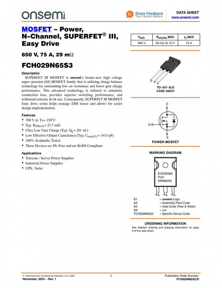 FCH029N65S3 datasheet page 1