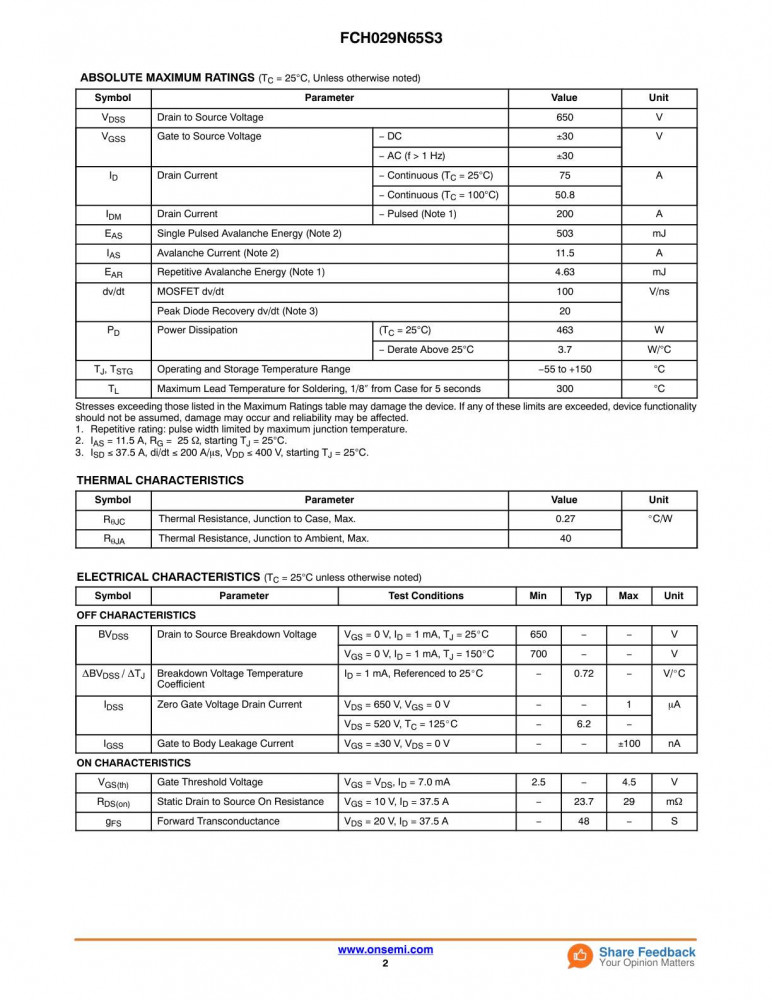 FCH029N65S3 datasheet page 2