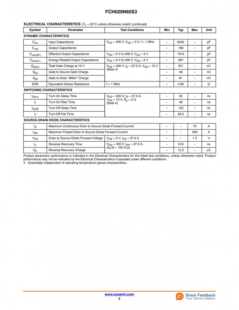 FCH029N65S3 datasheet page 3