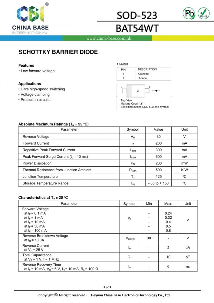 CBI BAT54WT datasheet page 1