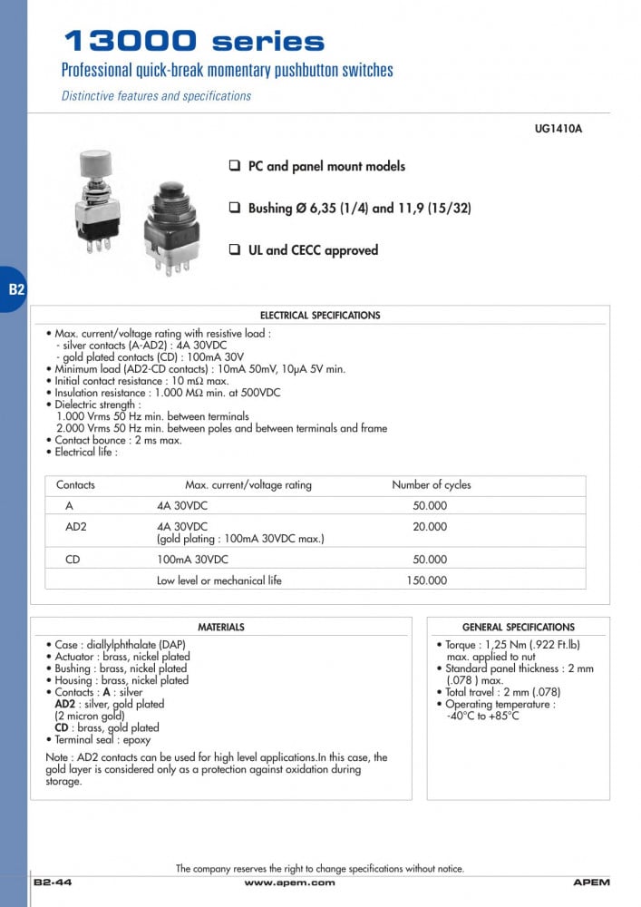 APEM U482 technical document page 1