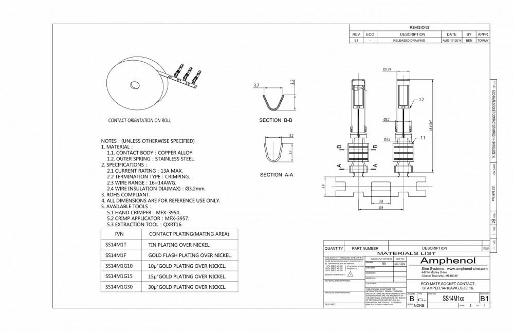 Amphenol SS14M1F technical drawing