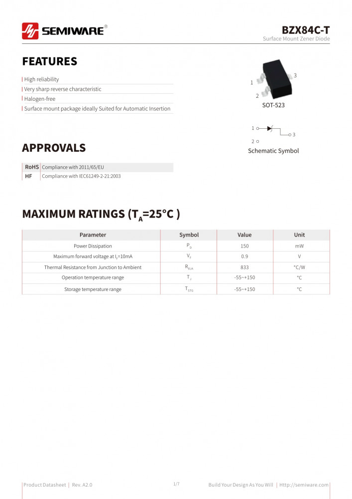 BZX84C11T datasheet page 1