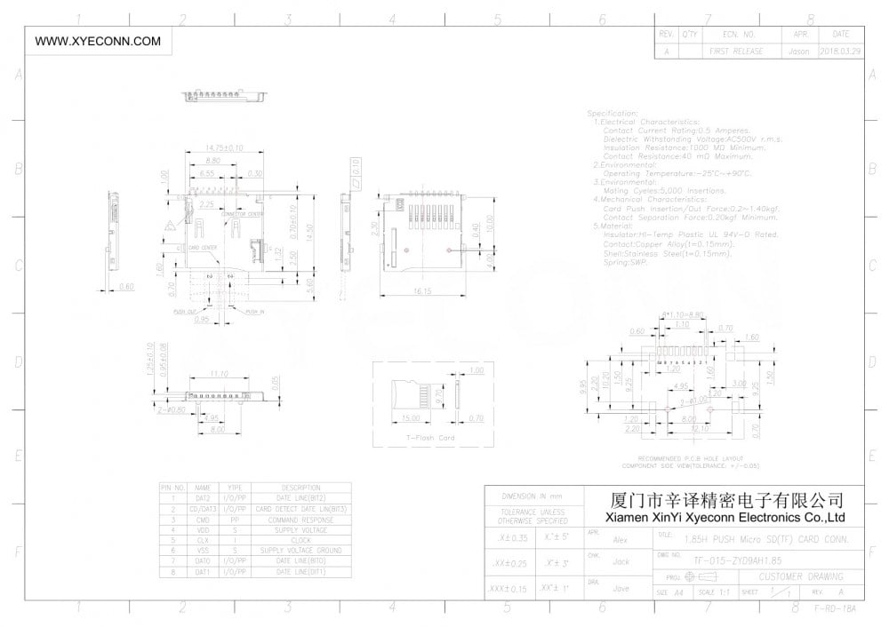 XYECONN TF-015-ZYD9AH1.85 customer drawing preview