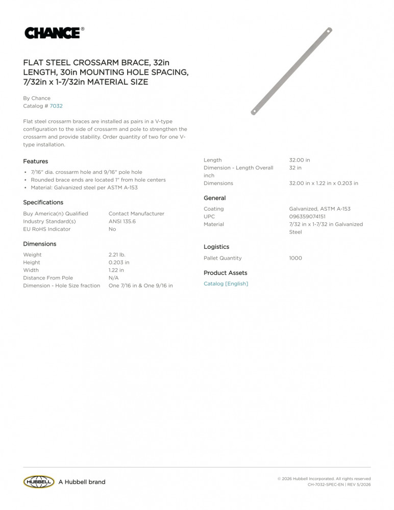 Burndy Chance 7032 flat steel crossarm brace product document image