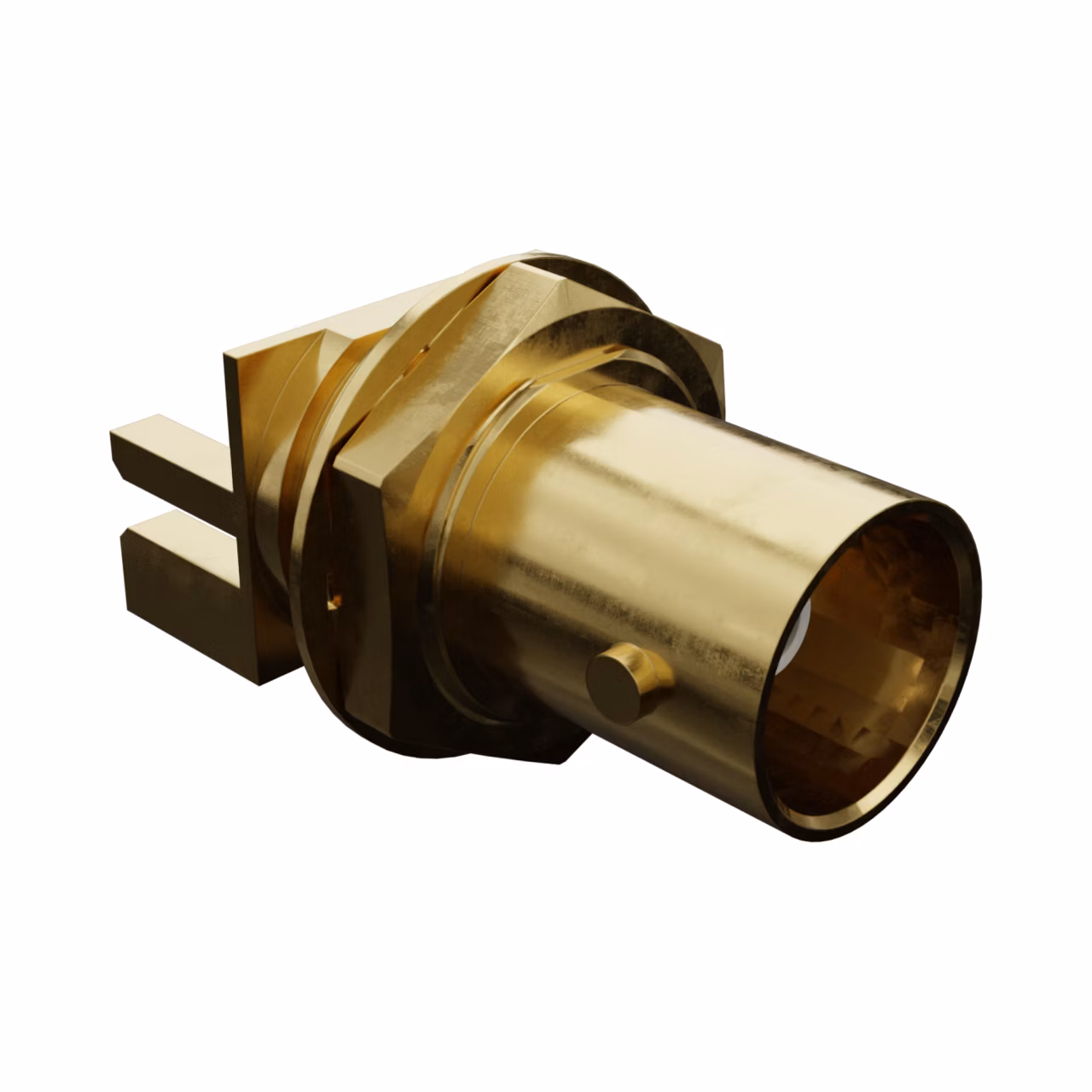 BNC Jack, Straight, Bulkhead Receptacle, PCB, Edge Mount, Brass Body, Gold (Au) Plated, 3 GHz, One Piece Per Bag, 75 Ohms for sale