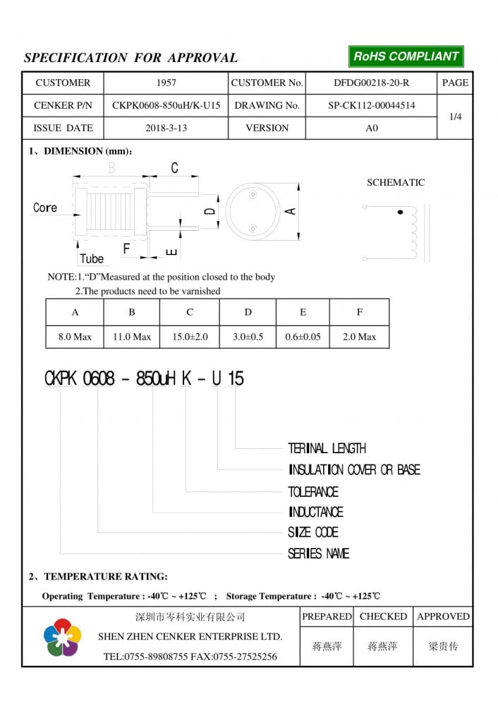 CKPK0608-850uH/K-U15 electrical requirements page