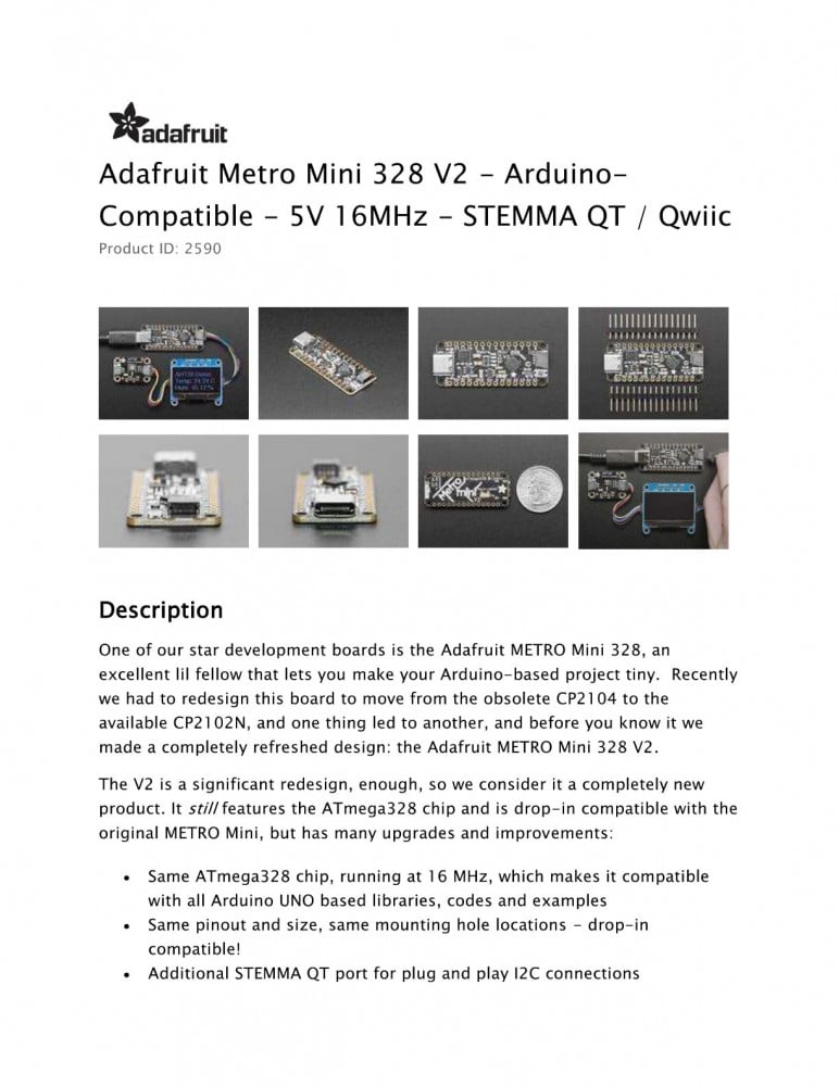 Adafruit METRO Mini 328 V2 technical document page 1
