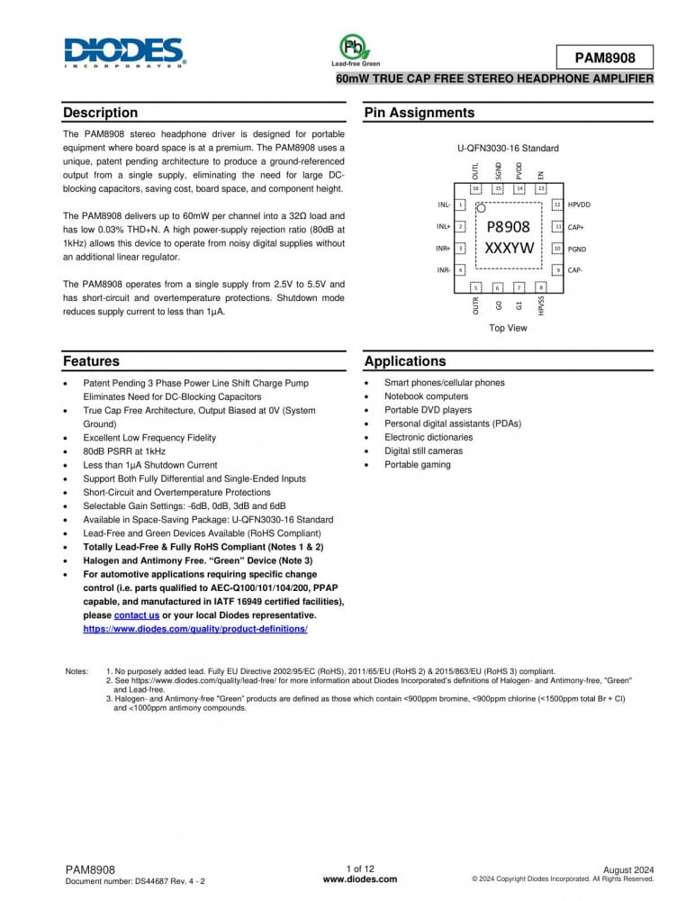 PAM8908JER datasheet page 1