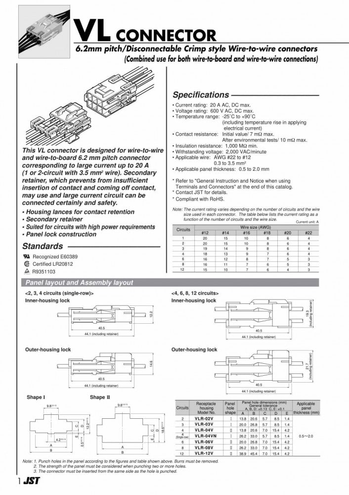 JST VL connector datasheet page 1