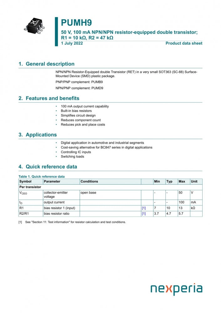PUMH9,115 datasheet page 1