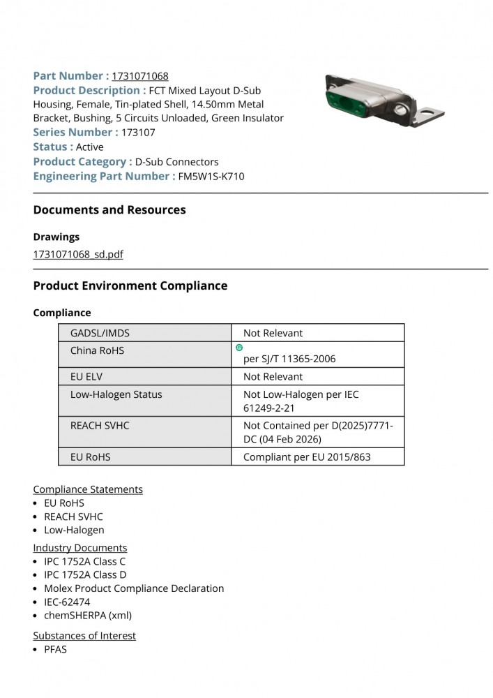 MOLEX 1731071068 product drawing preview, page 1