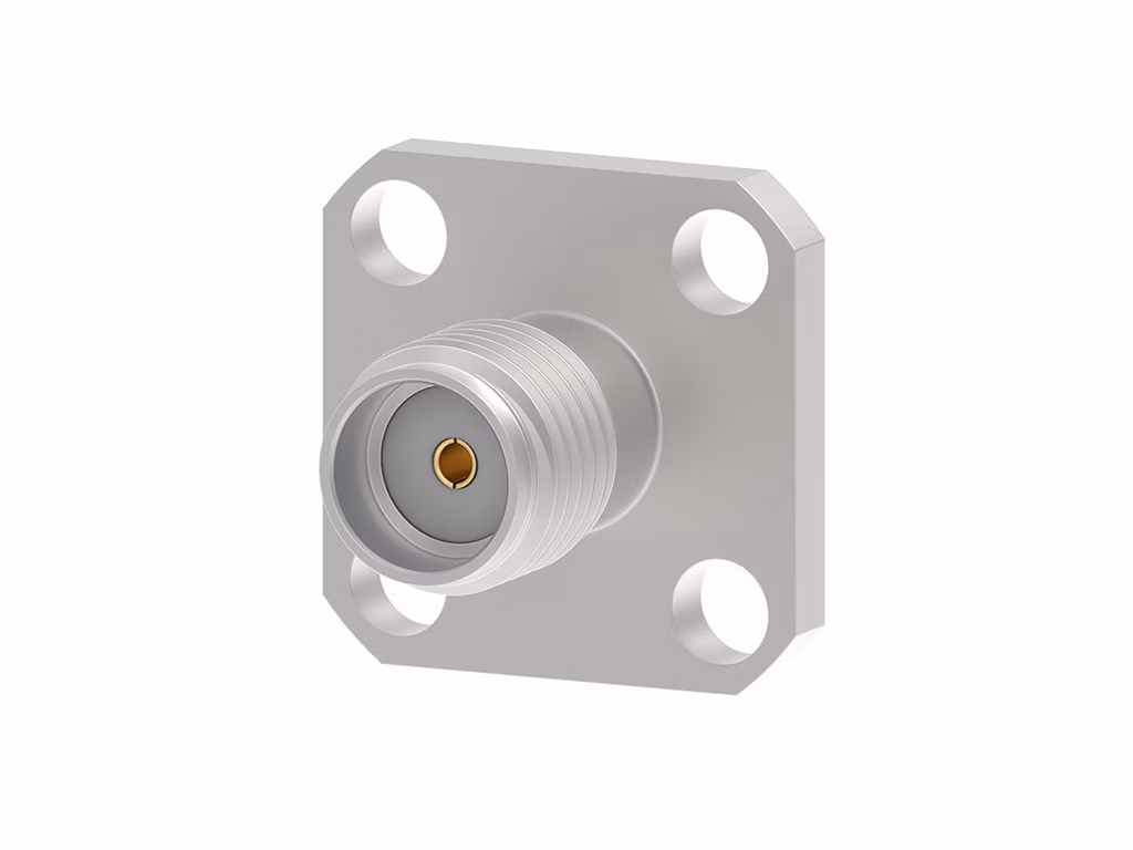 SMA Jack, Straight, 4-Hole Flange Mount, Candlestick Contact, 10.15mm Length, Stainless Steel Body, Passivated, One Piece Per Bag, 50 Ohms