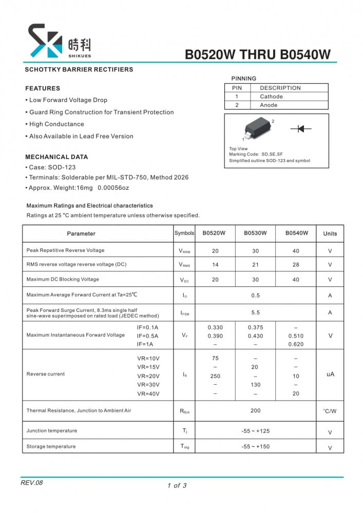 B0530W datasheet page 1
