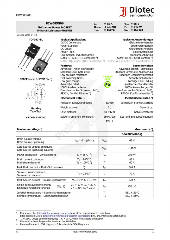 DIW085N06 datasheet page 1