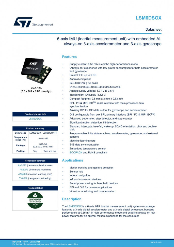 LSM6DSOX technical document page 1