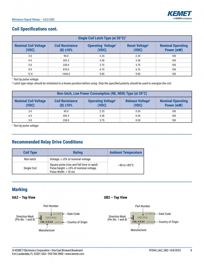 KEMET UA2 UB2 relay datasheet page 8