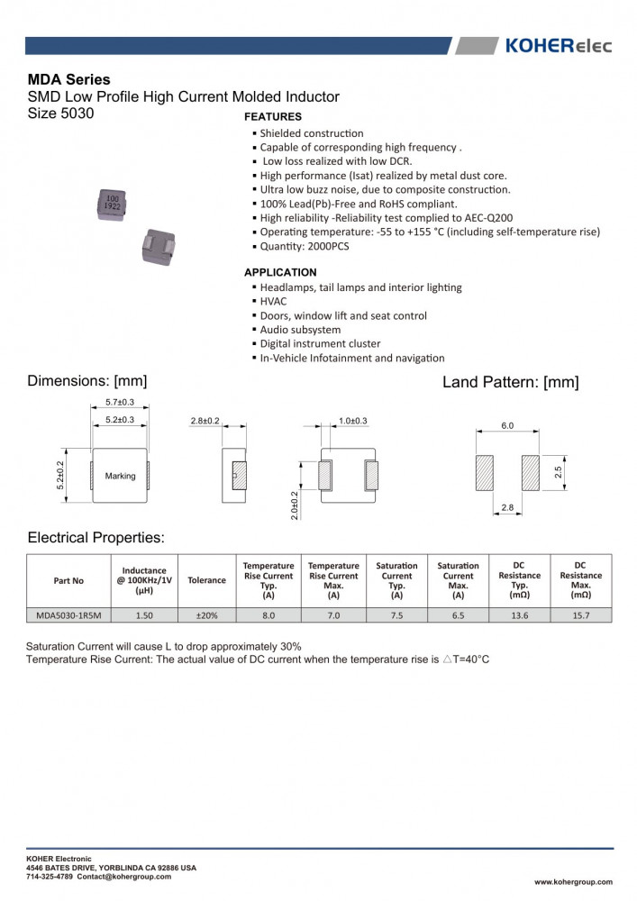 KOHERelec MDA5030-1R5M datasheet page 1