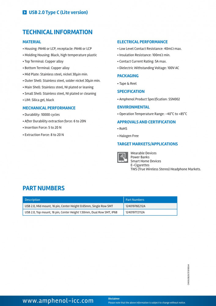 Amphenol USB 2.0 Type-C Lite technical document page 2