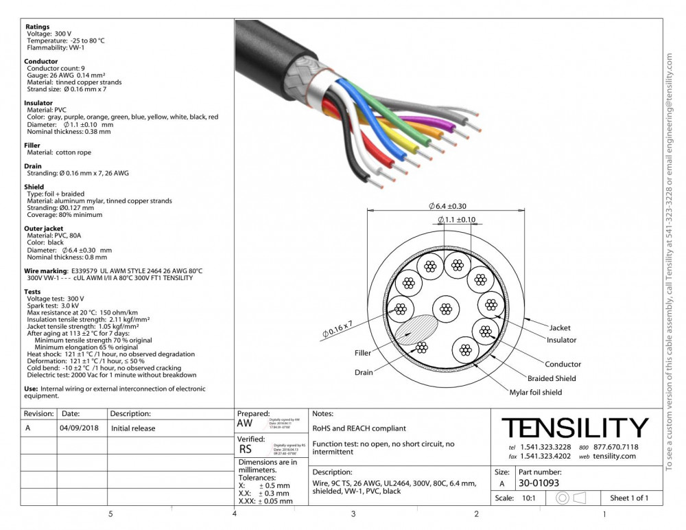 Tensility 30-01093 cable specification and dimensional drawing
