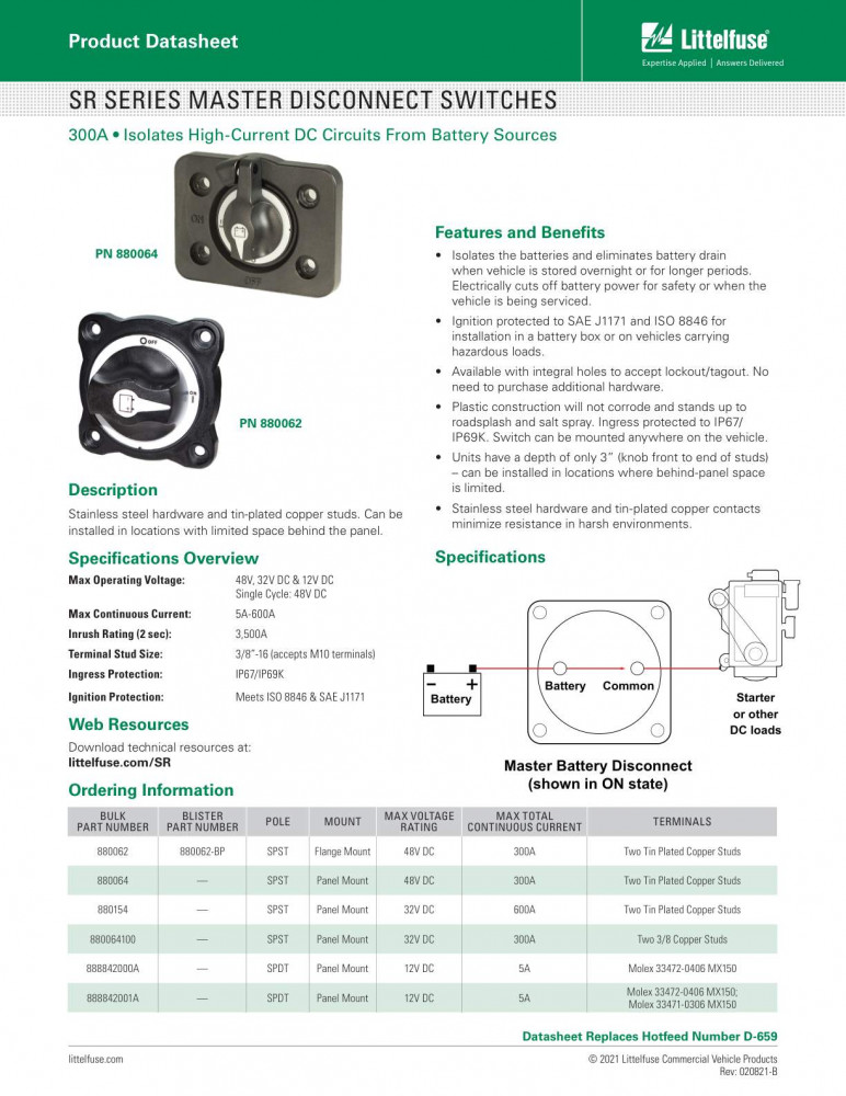 Littelfuse SR Series master disconnect switch technical reference