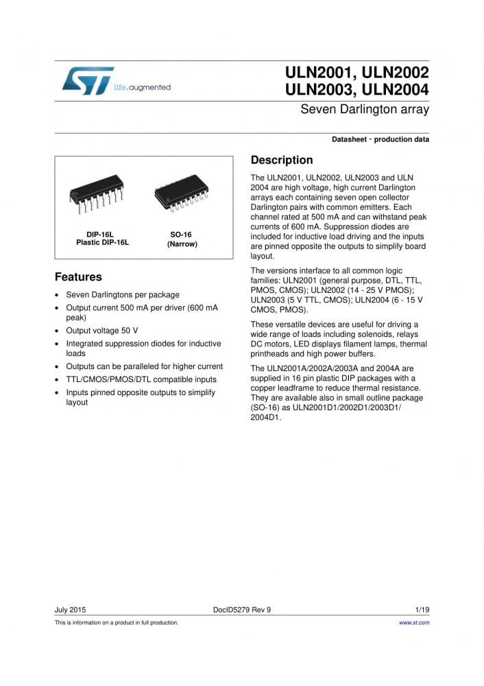ULN2003 datasheet page 1